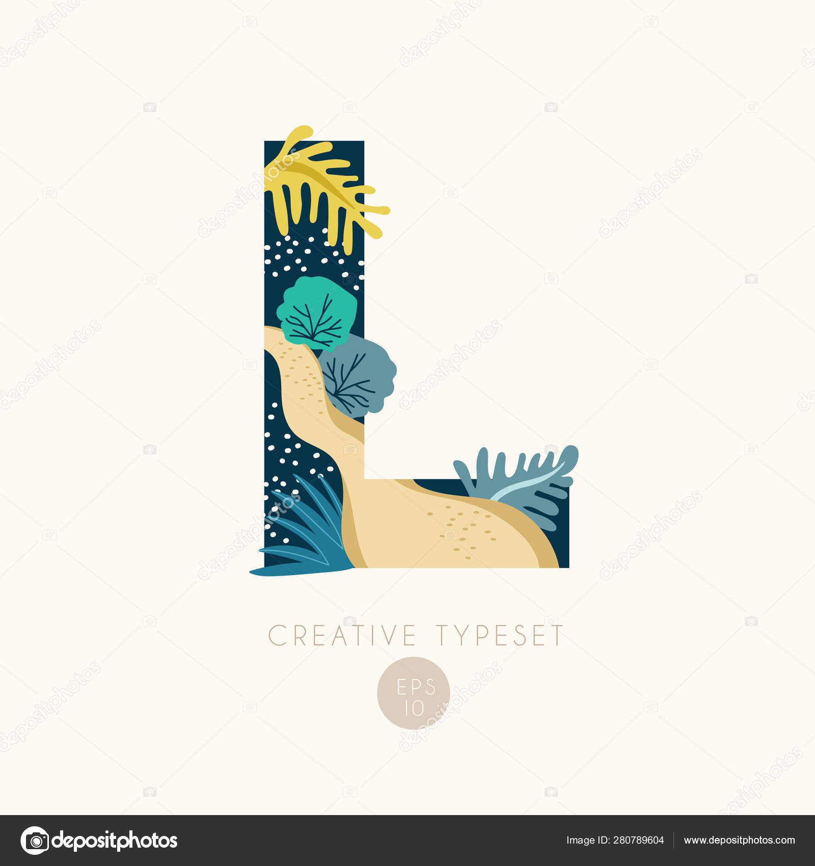 Uppercase Alphabet Letters Bushes Leaves Botanical Elements Isolated ...