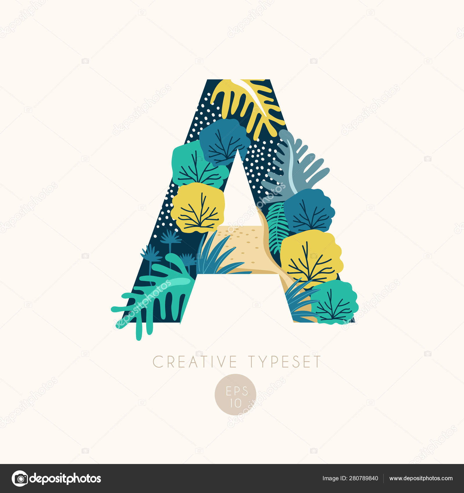Uppercase Alphabet Letters Bushes Leaves Botanical Elements Isolated ...