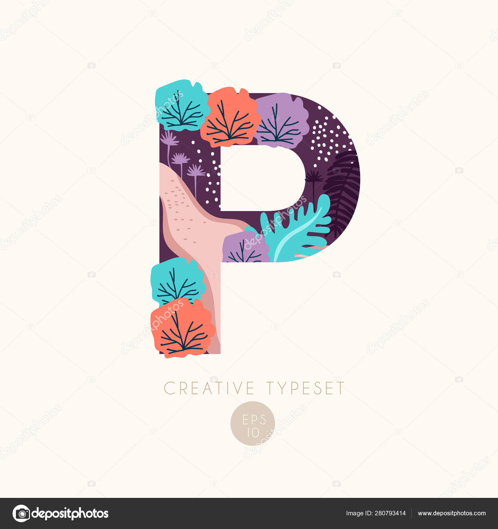 Uppercase Alphabet Letters Bushes Leaves Botanical Elements Isolated ...