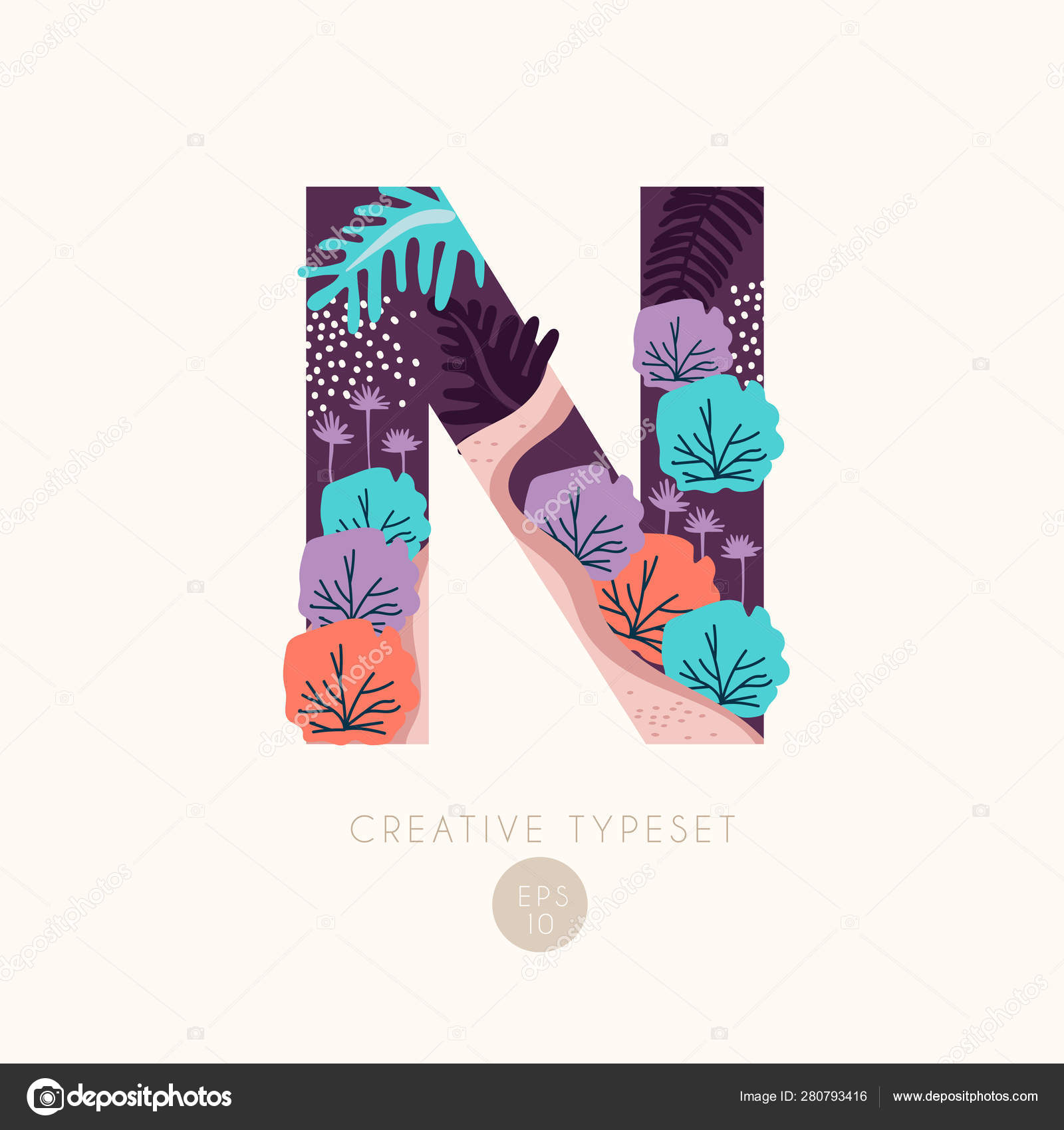 Uppercase Alphabet Letters Bushes Leaves Botanical Elements Isolated ...