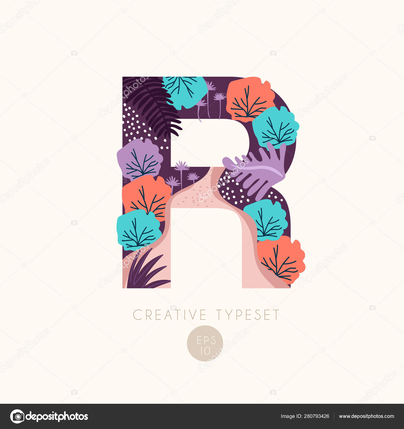 Uppercase Alphabet Letters Bushes Leaves Botanical Elements Isolated ...