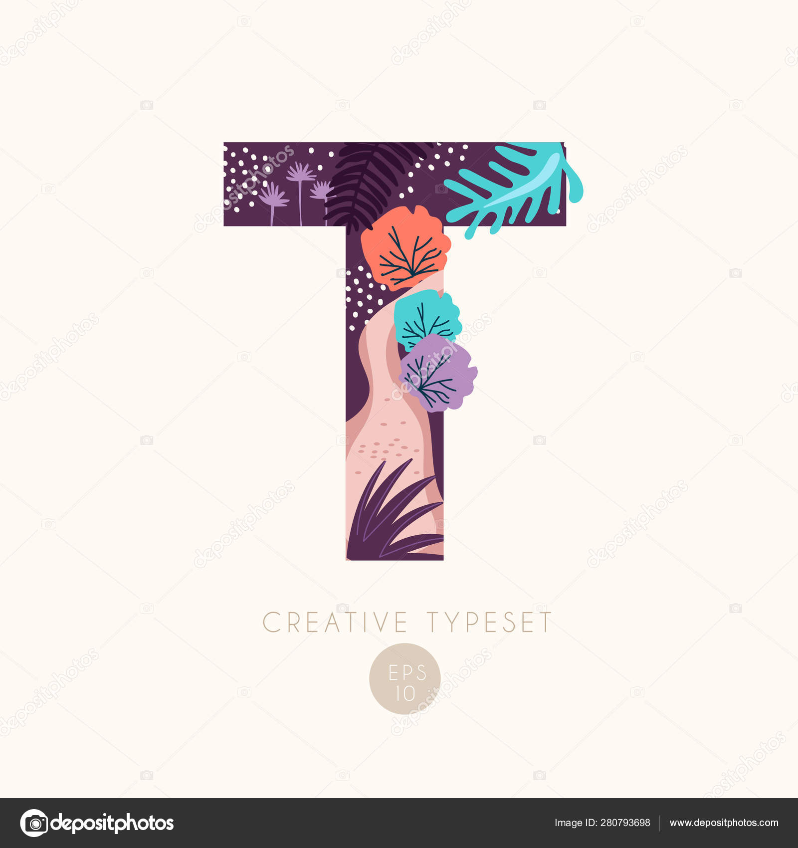 Uppercase Alphabet Letters Bushes Leaves Botanical Elements Isolated ...