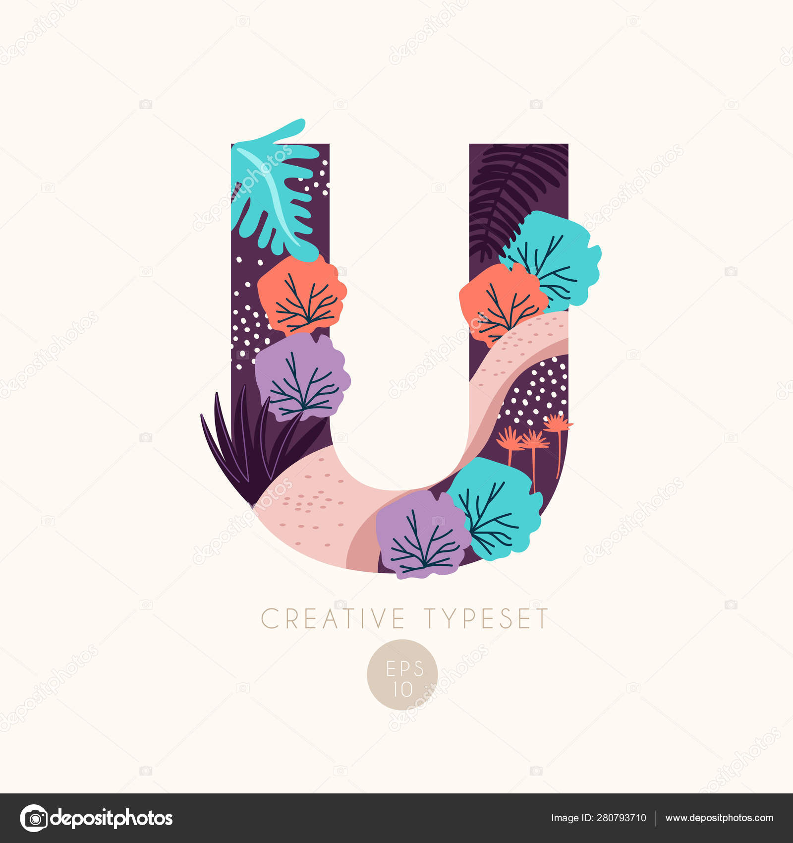 Uppercase Alphabet Letters Bushes Leaves Botanical Elements Isolated ...