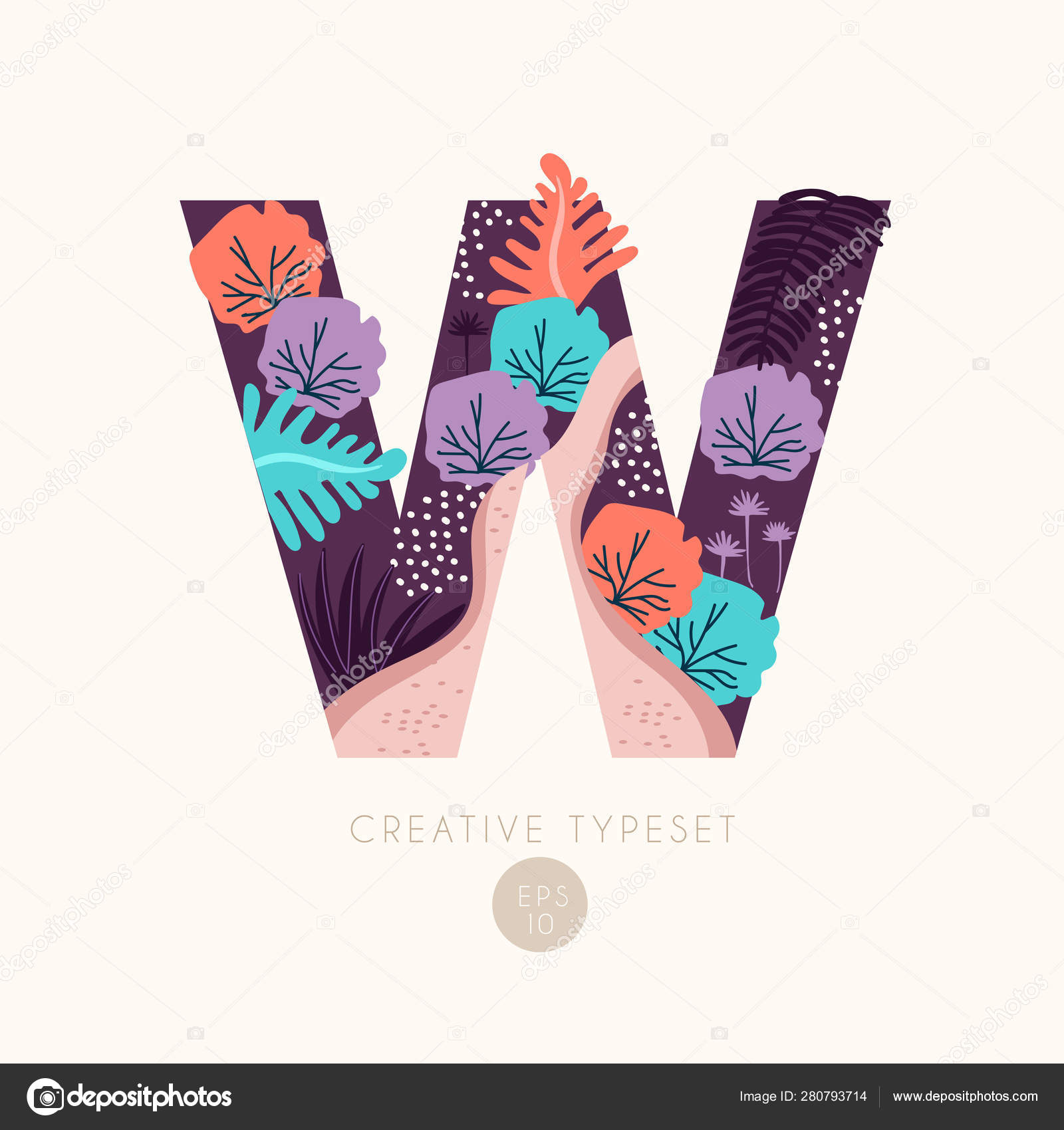 Uppercase Alphabet Letters Bushes Leaves Botanical Elements Isolated ...