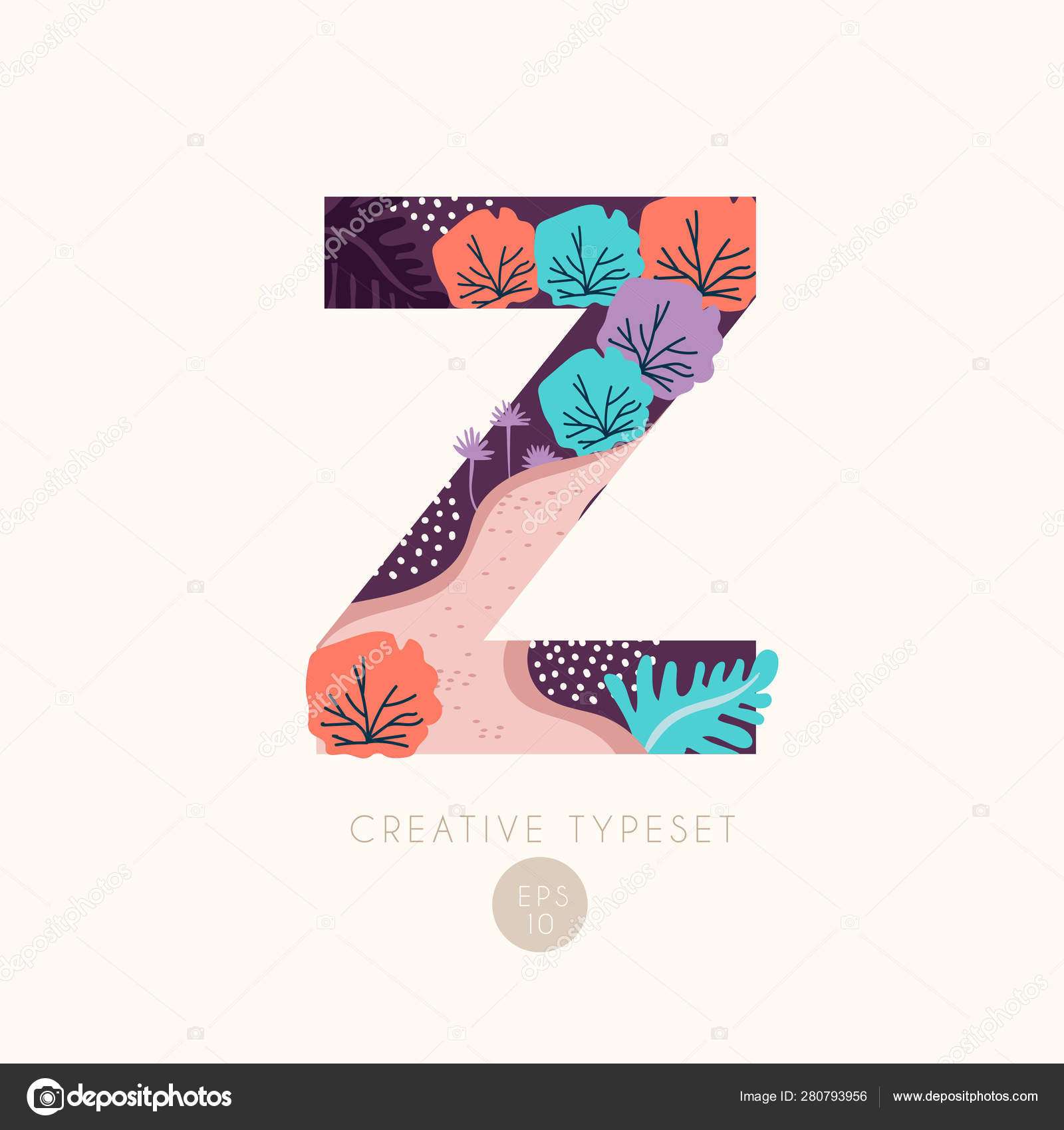 Uppercase Alphabet Letters Bushes Leaves Botanical Elements Isolated ...