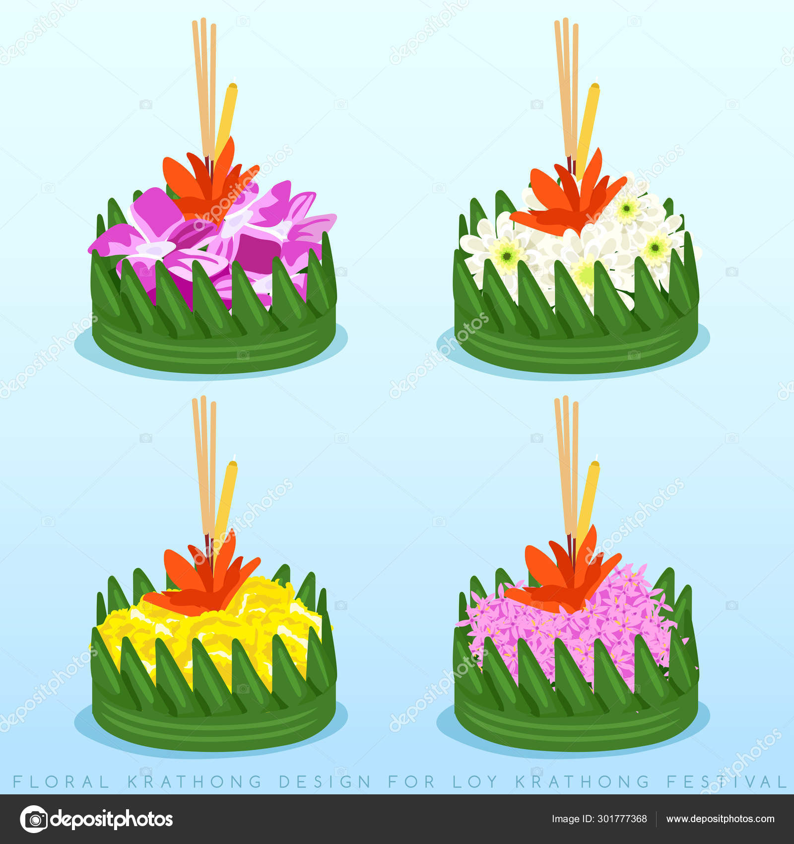 Loy Krathong Set Krathong Design Isolated Light Blue Background Vector ...