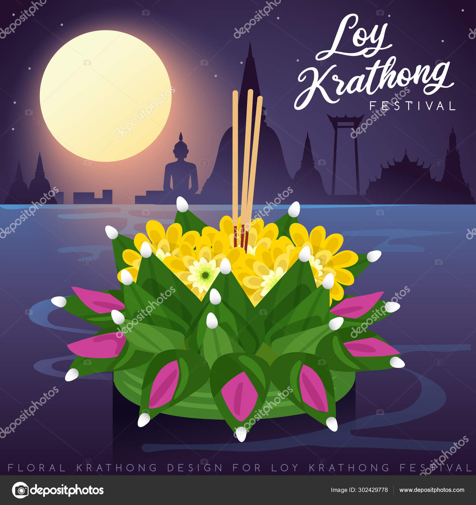 Loy Krathong Thailändsk Traditionell Festival Med Fullmåne Pagoda Och ...