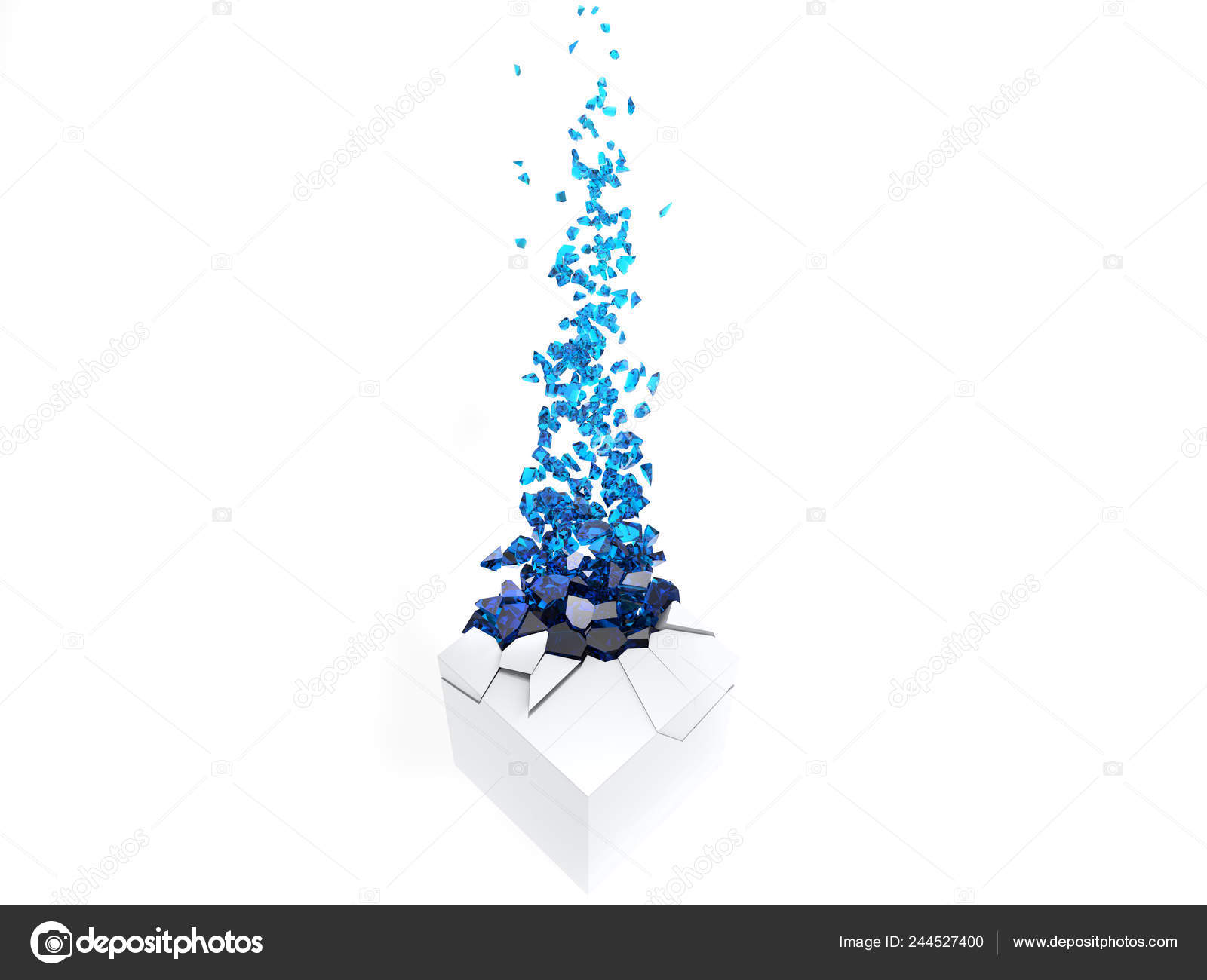 White Geo Cube Exploding Hundreds Blue Glass Pieces Stock Photo by ...