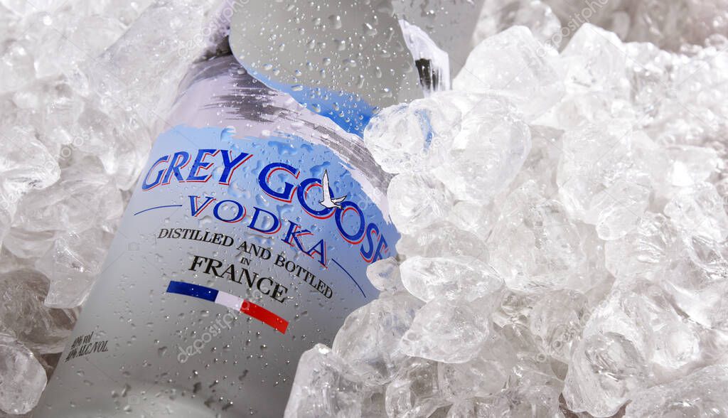 POZNAN, POL - JUL 1, 2020: Botella de Grey Goose, una marca de vodka ...