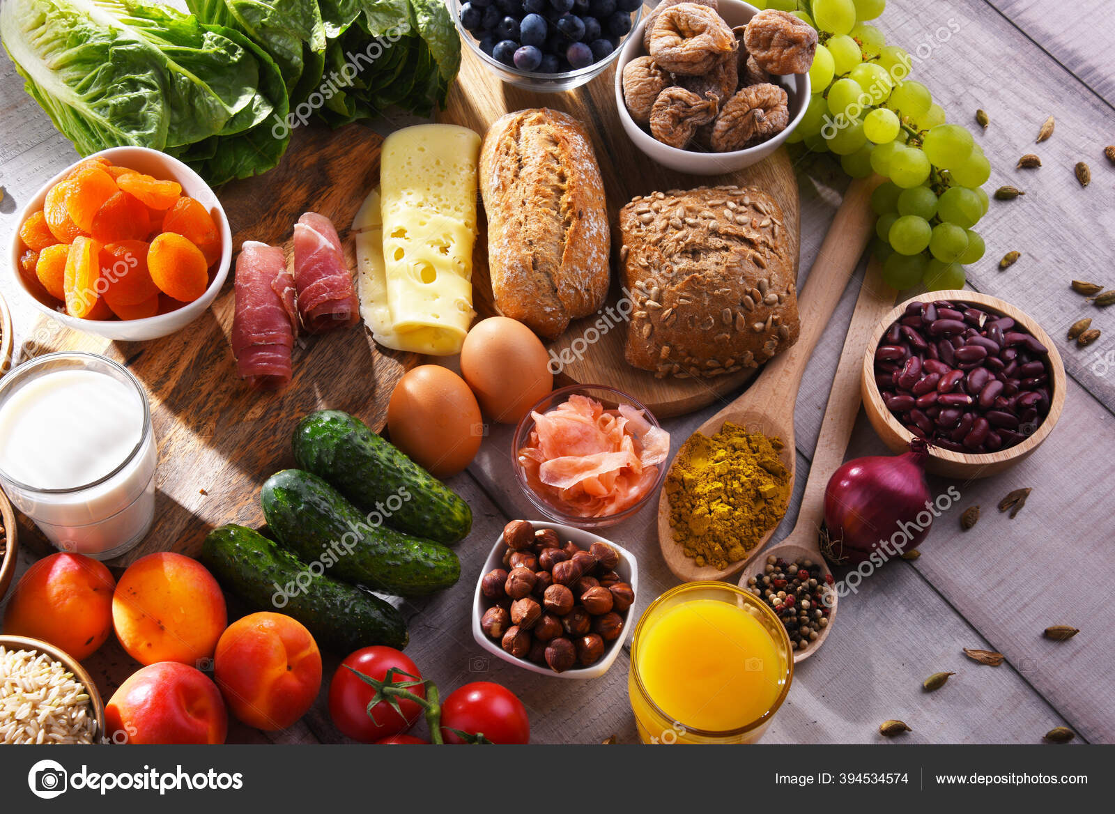 Composition Assorted Organic Food Products Wooden Kitchen Table Stock ...