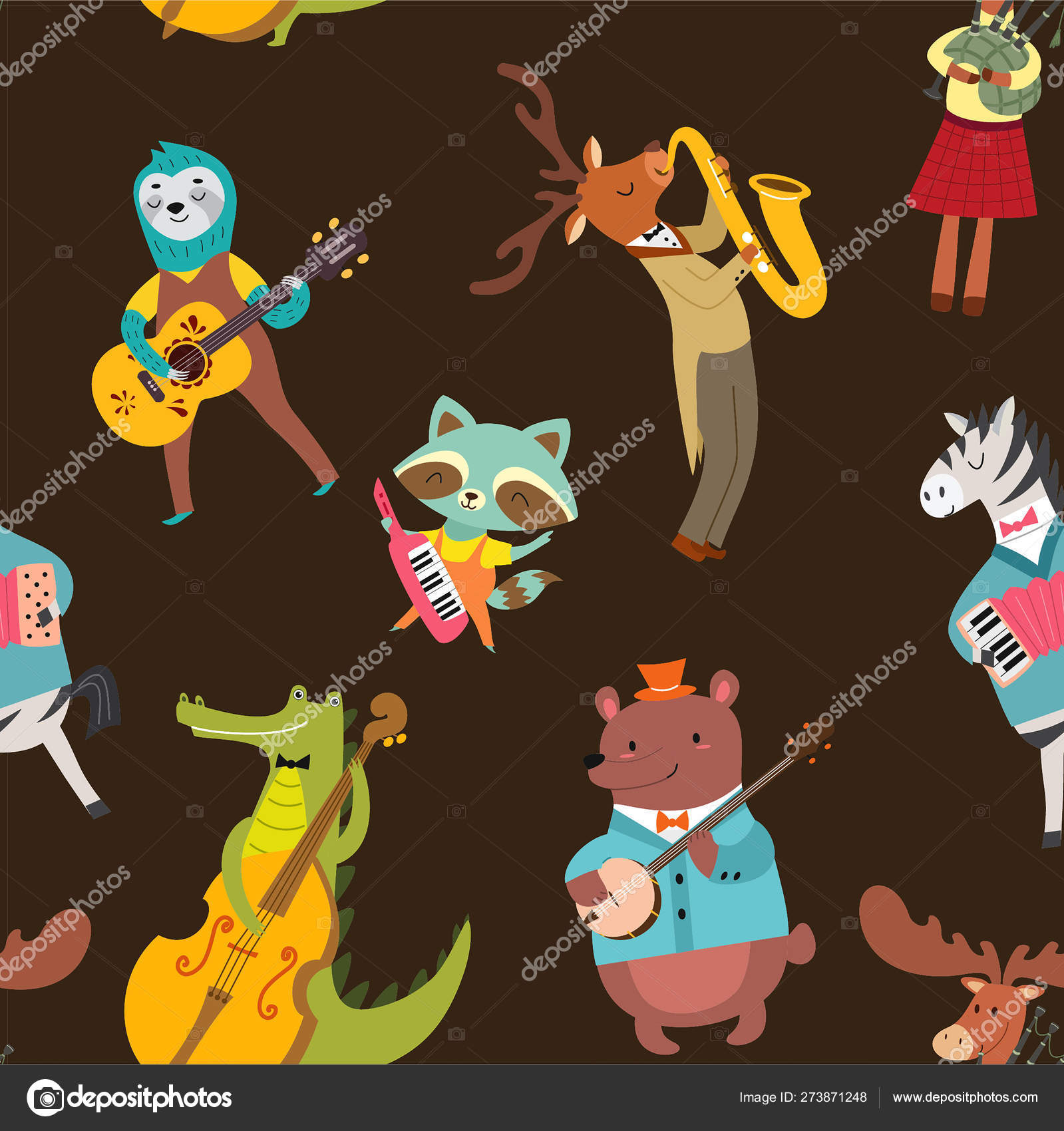 Animal musicians pattern. Vector seamless texture with cute animal band ...