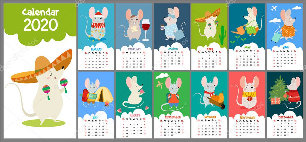 Lindo, estilizado calendario mensual 2020 dibujado a mano con ratas. Se ...