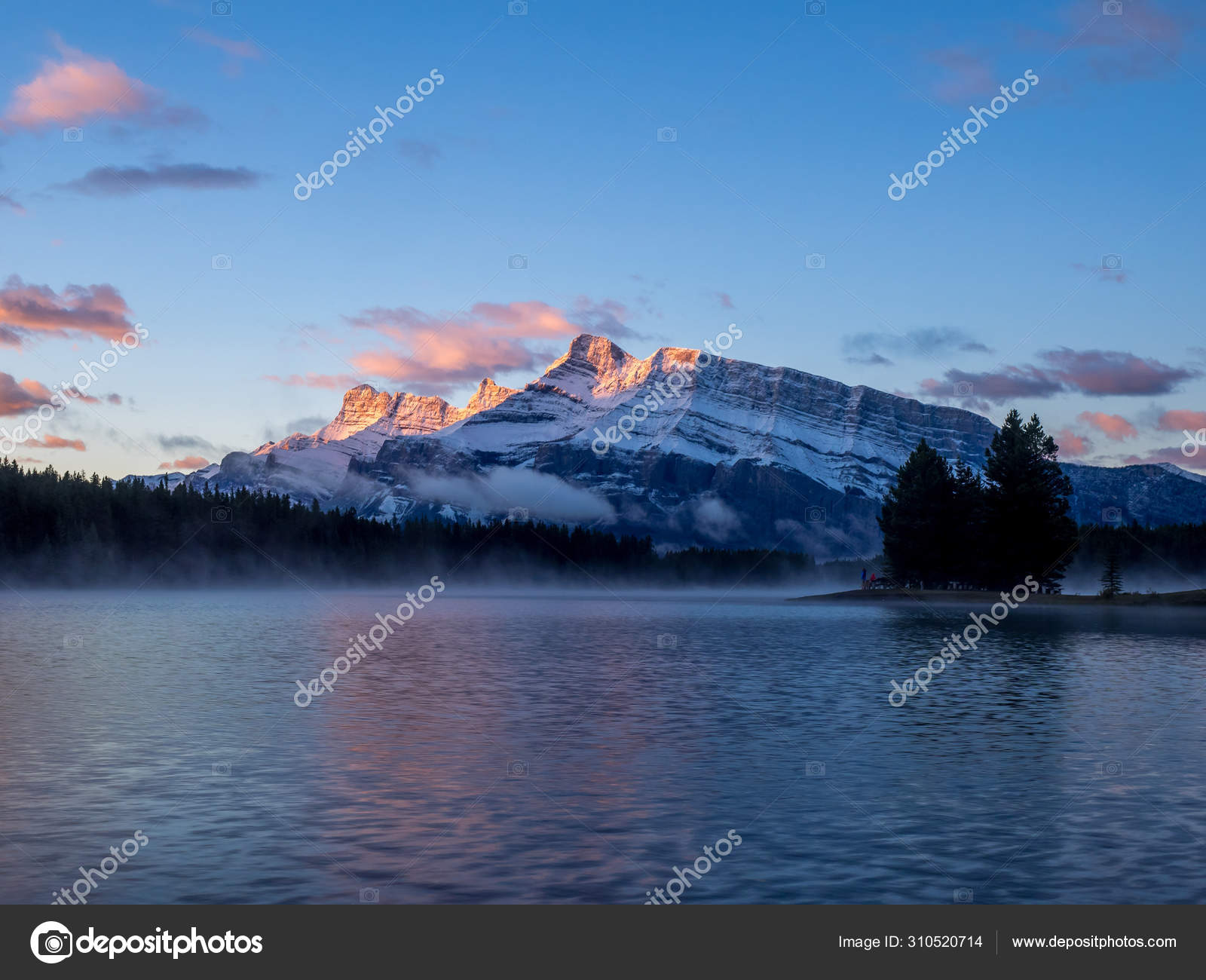 Rundle Mountain Reflecting Two Jack Lake Banff National Park Sunrise ...