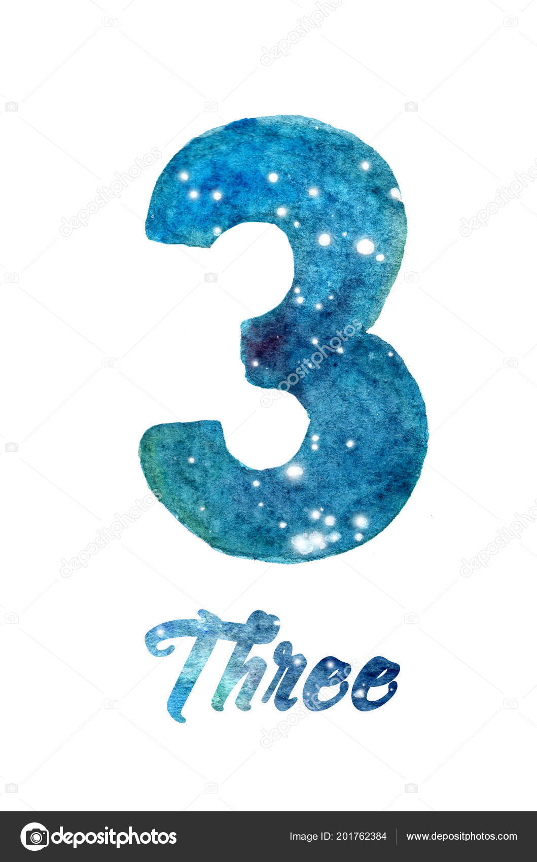 Hand Painted Watercolor Galaxy Night Sky Stars Number Three Font Stock ...