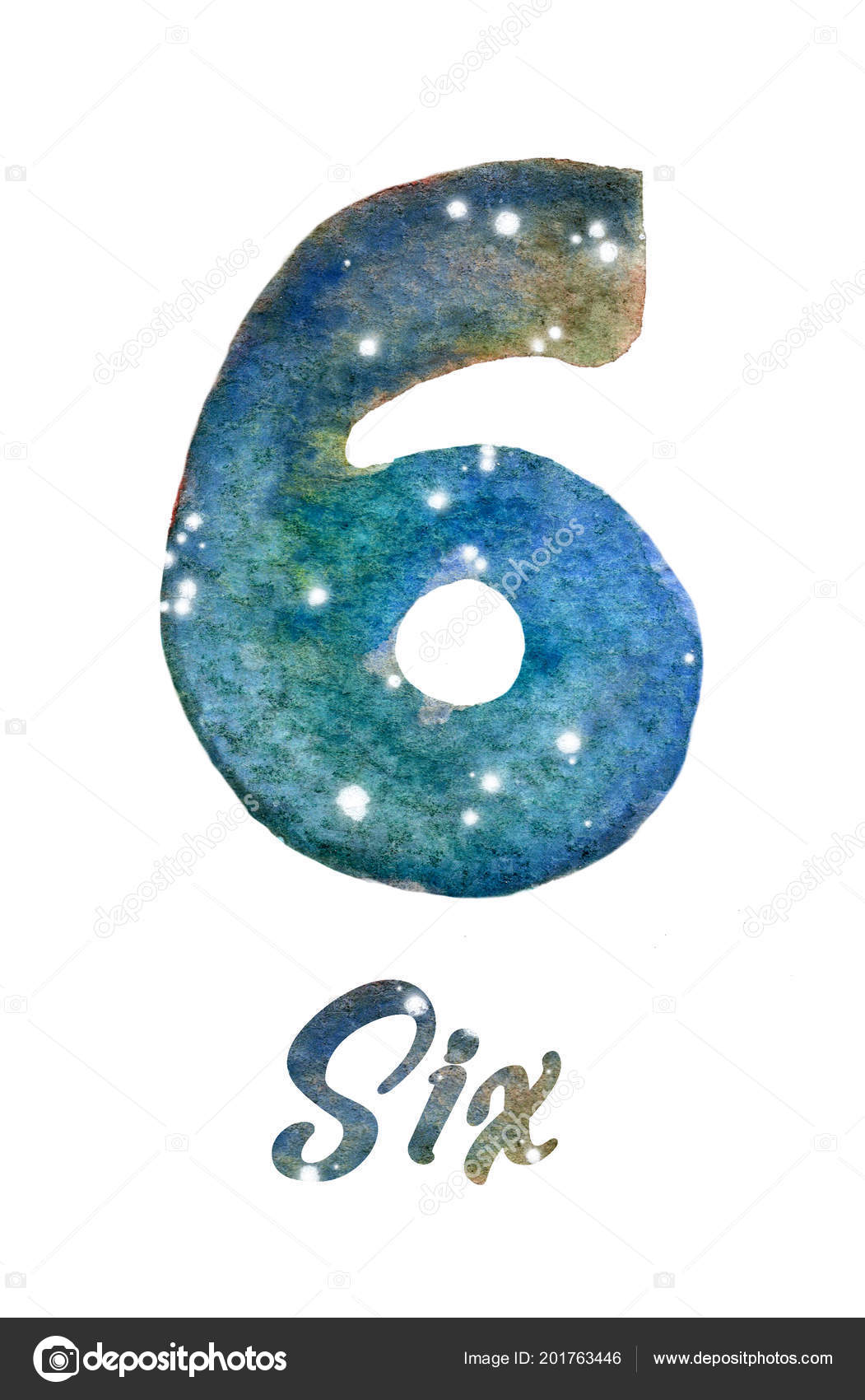 Hand Painted Watercolor Galaxy Night Sky Stars Number Six Font Stock ...