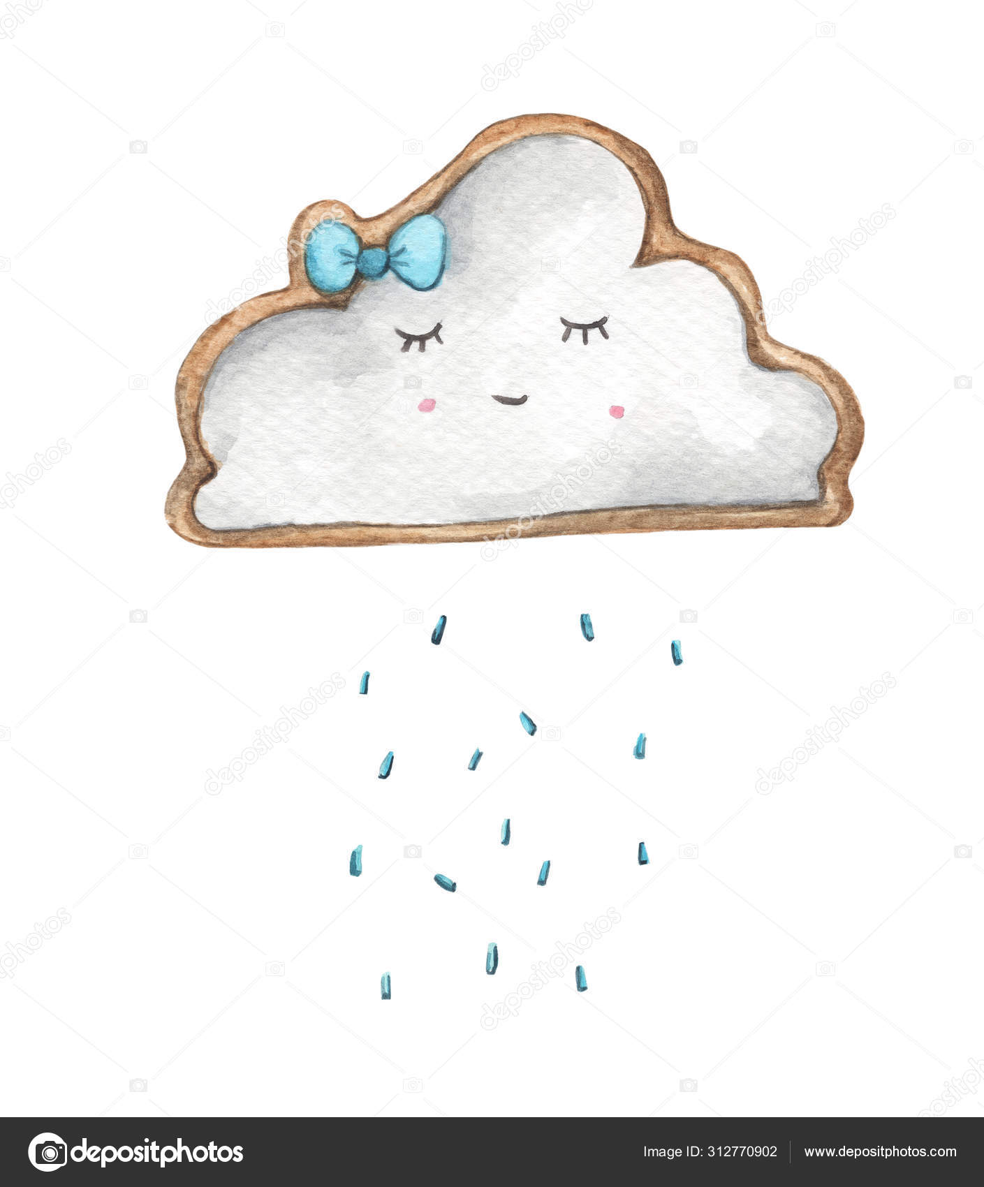 Cute Rain Cloud Rain Drops Isolated White Background Hand Drawn Stock ...