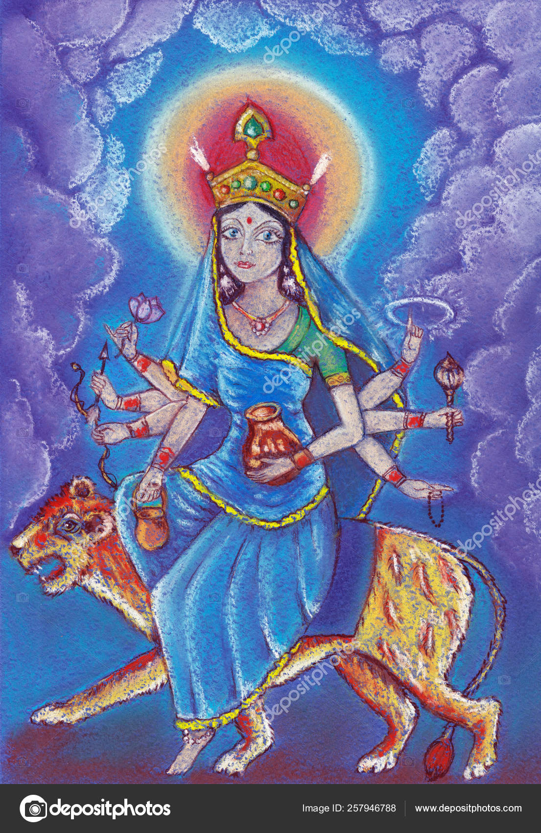 Beautiful Hindu Goddess Rendering Kushmanda Devi Navaratri Day Pastel ...
