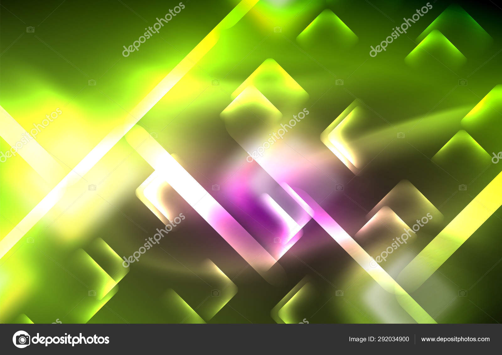 Neon square and line lights on dark background with blurred effects ...