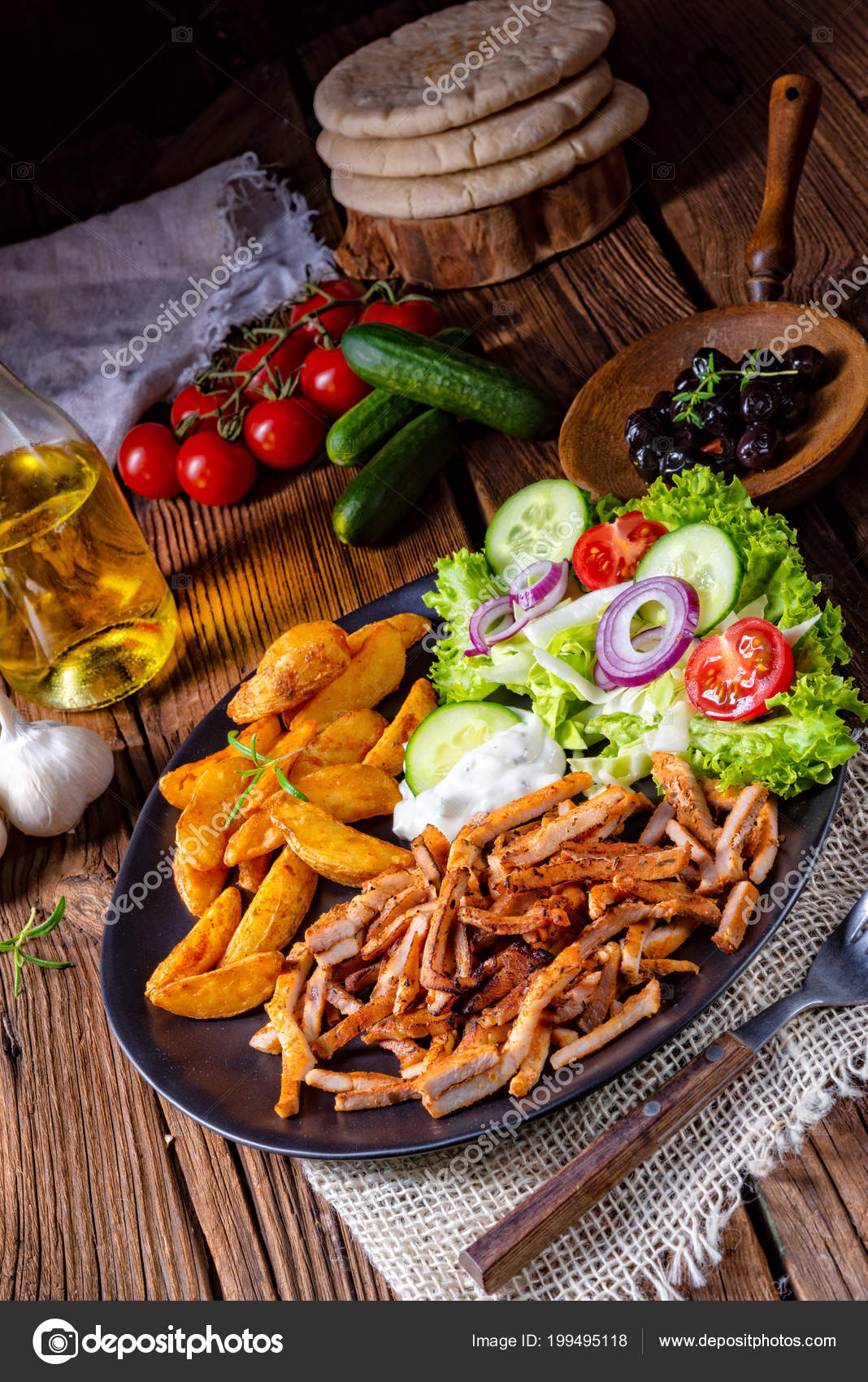 Rustic Gyros Plate Green Salad Potato Wedges — Stock Photo © dar19.30 ...