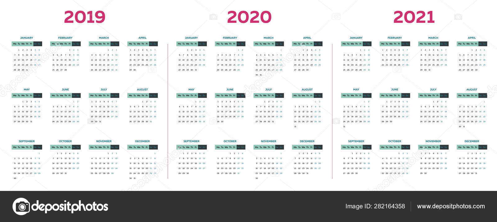 The 2019 2020 2021 calendar template with classical monthly columns ...