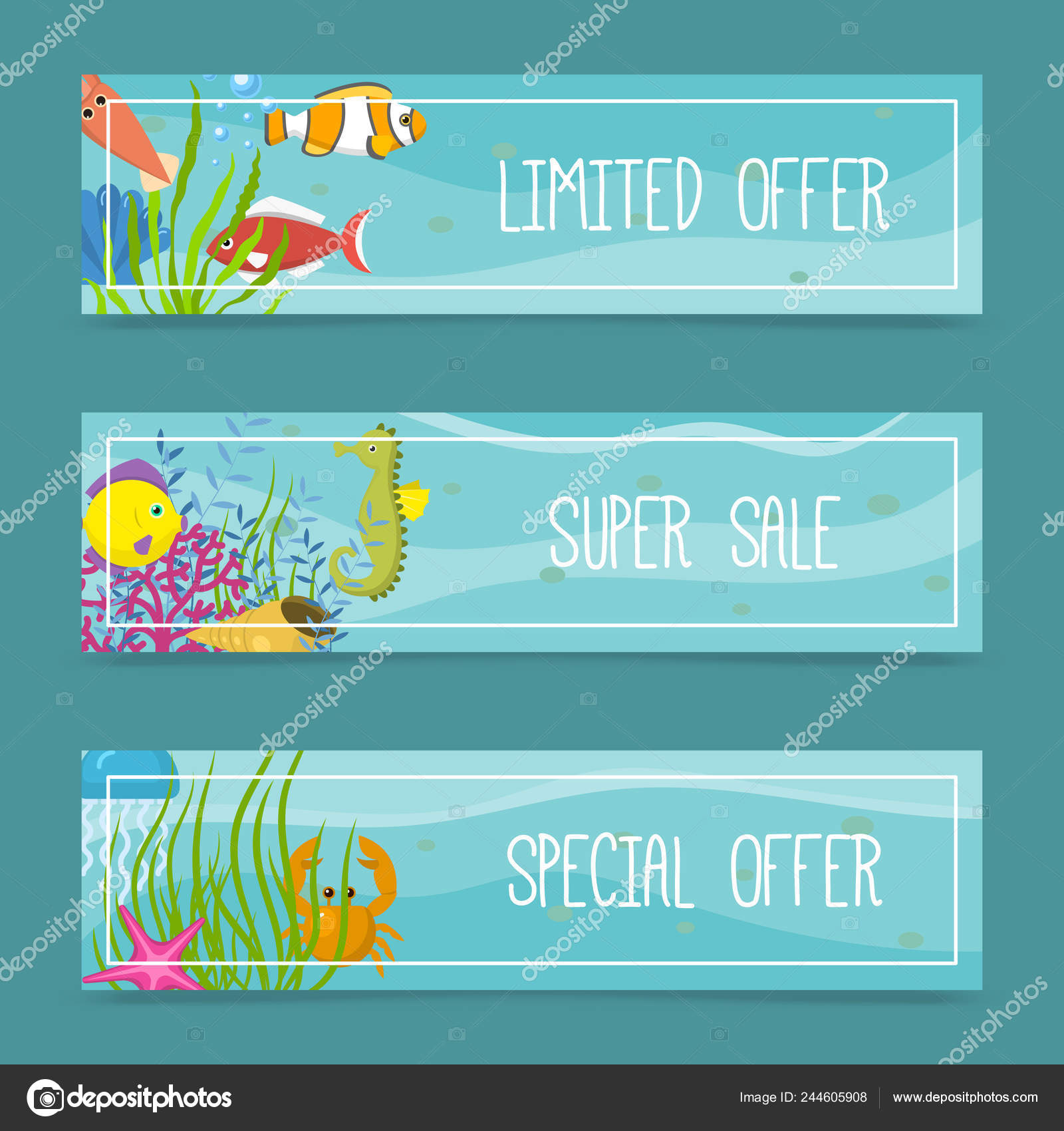 Sea life set of banners for shops. Limited offer. Super sale. Special ...