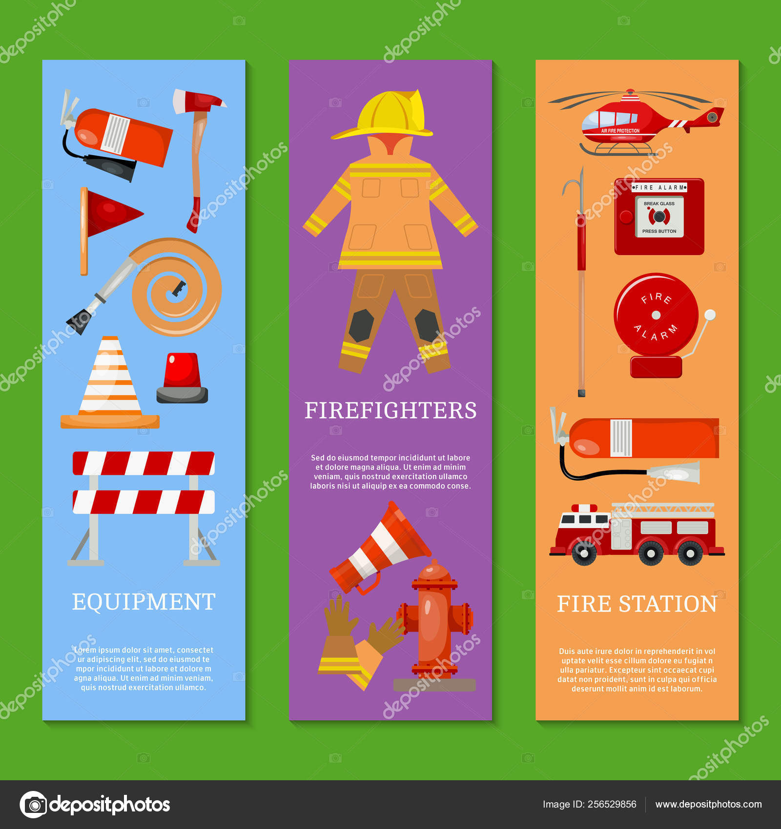 Fire safety set of banners vector illustration. Firefighter uniform and ...
