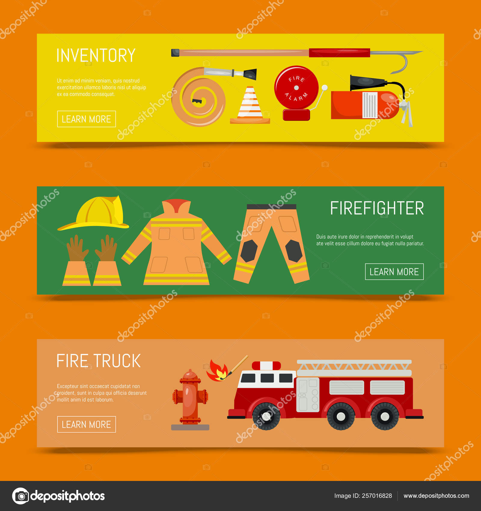 Fire safety banners vector illustration. Firefighting equipment and ...