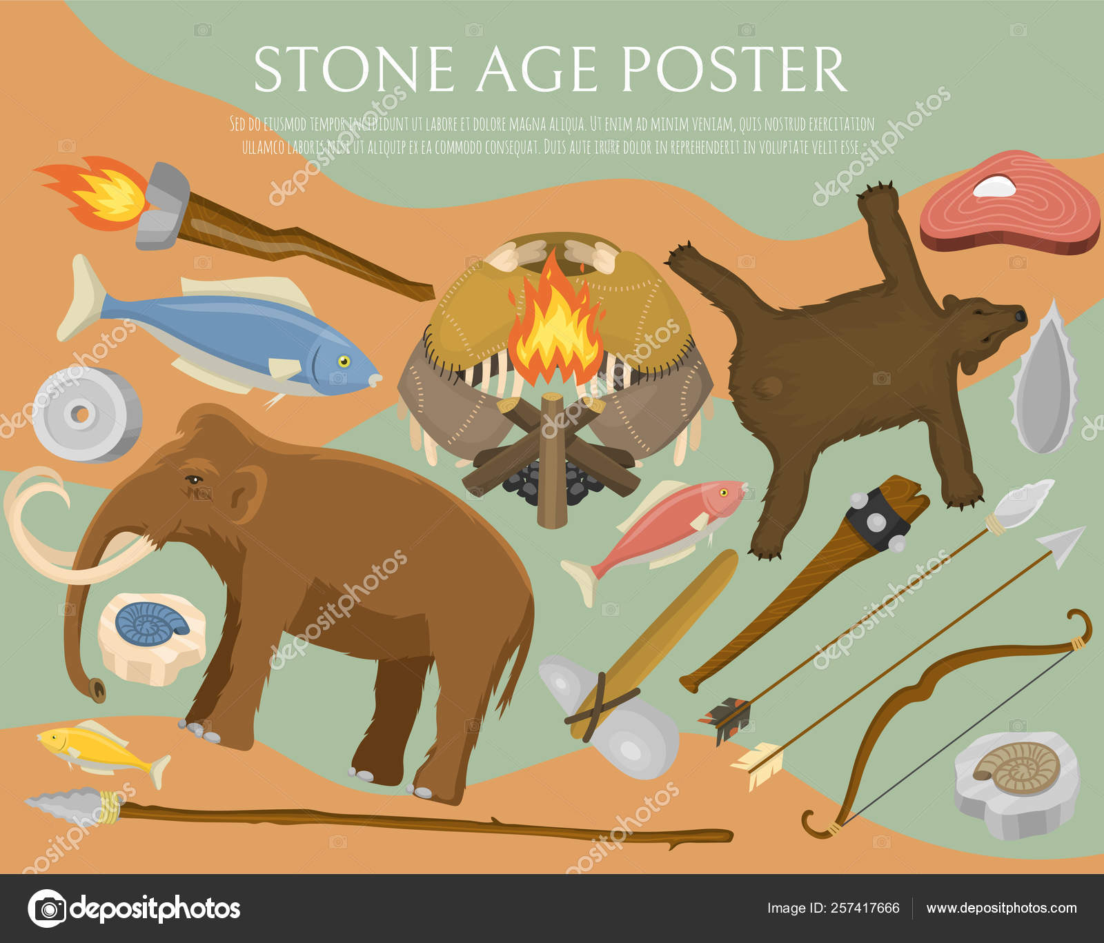 Taş devri ilkel prehistorik hayat poster vektör illüstrasyon. Eski ...