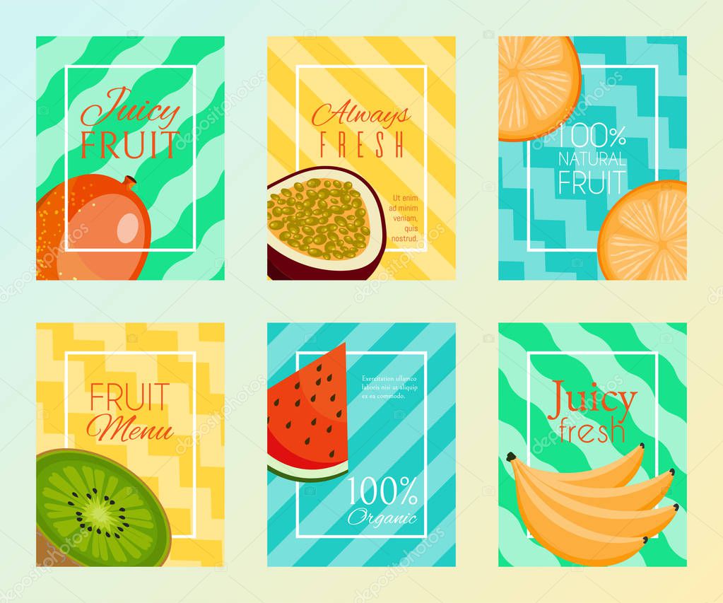 Conjunto de tarjetas de fruta para el mercado de productos frescos o frutícolas. Ilustración de ...