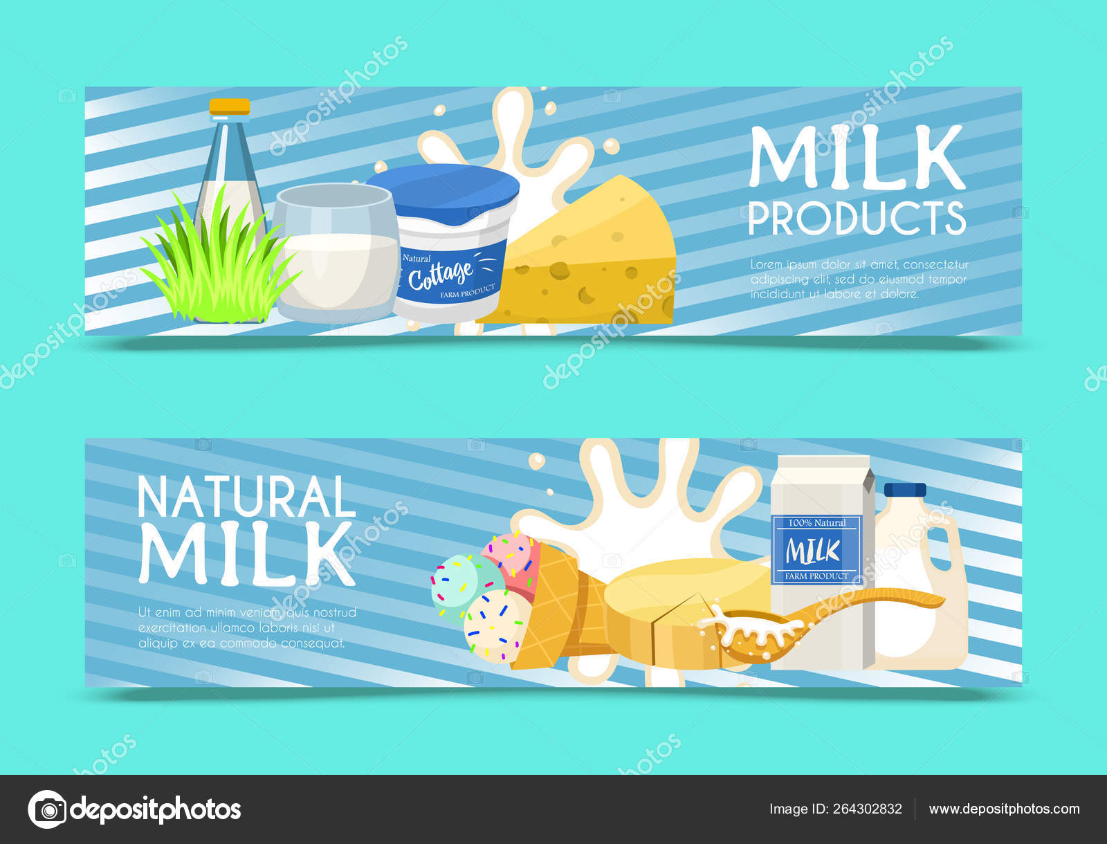 Fresh dairy products concept set of banners vector illustration ...