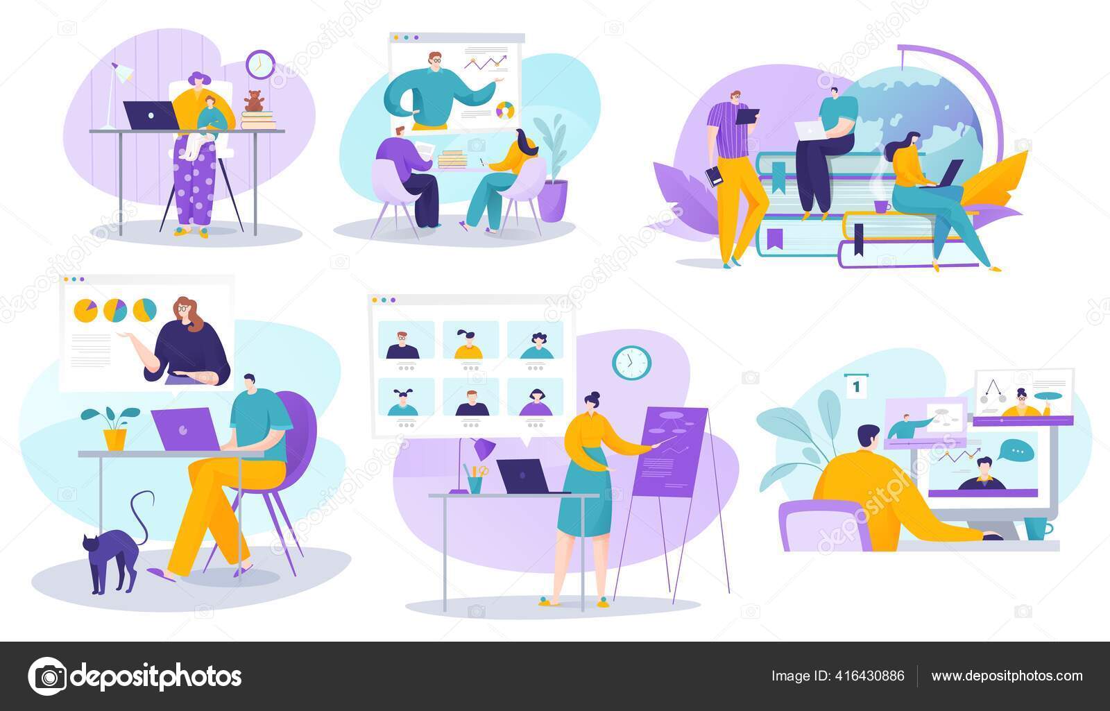 People in distance learning vector illustration set, cartoon flat man ...