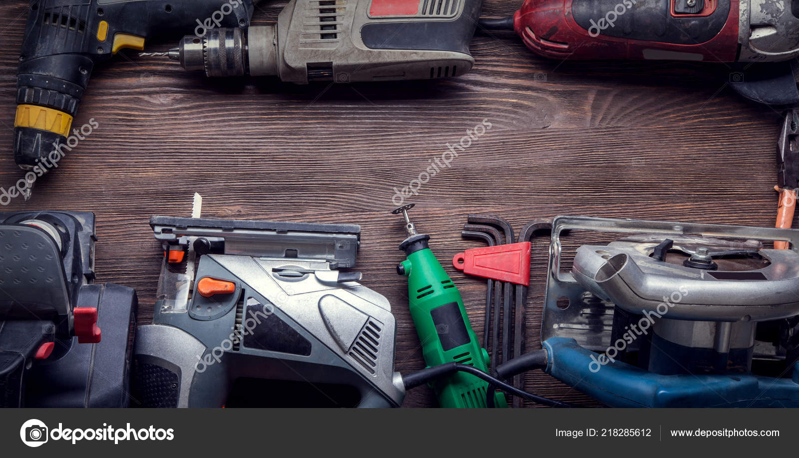 Electric Hand Tools Screwdriver Drill Saw Jigsaw Jointer Top View Stock ...