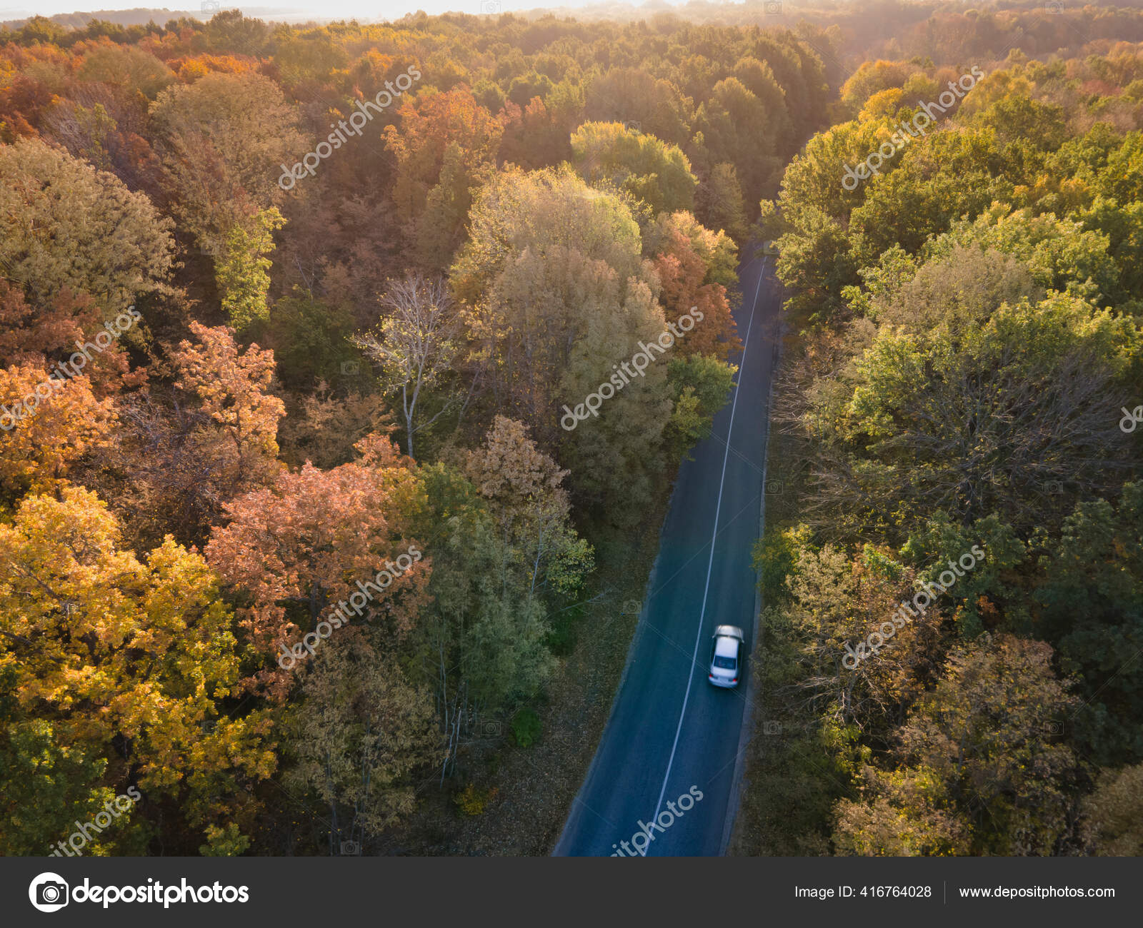 Aerial View Road White Car Beautiful Autumn Forest Sunset — Stock Photo ...