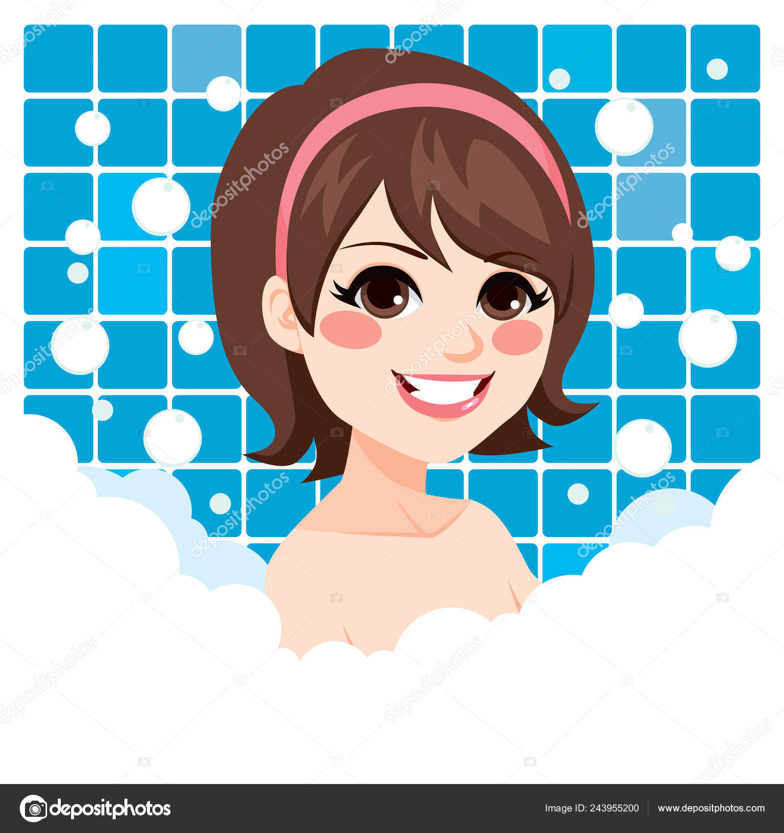 Beautiful Young Woman Relaxing Happy Foam Bubble Bath Stock Vector by ©Kakigori 243955200