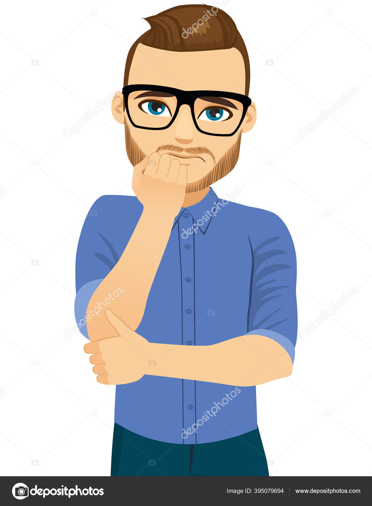 Young Nervous Man Hand Chin Sad Expression Anxiety Concept Stock Vector ...