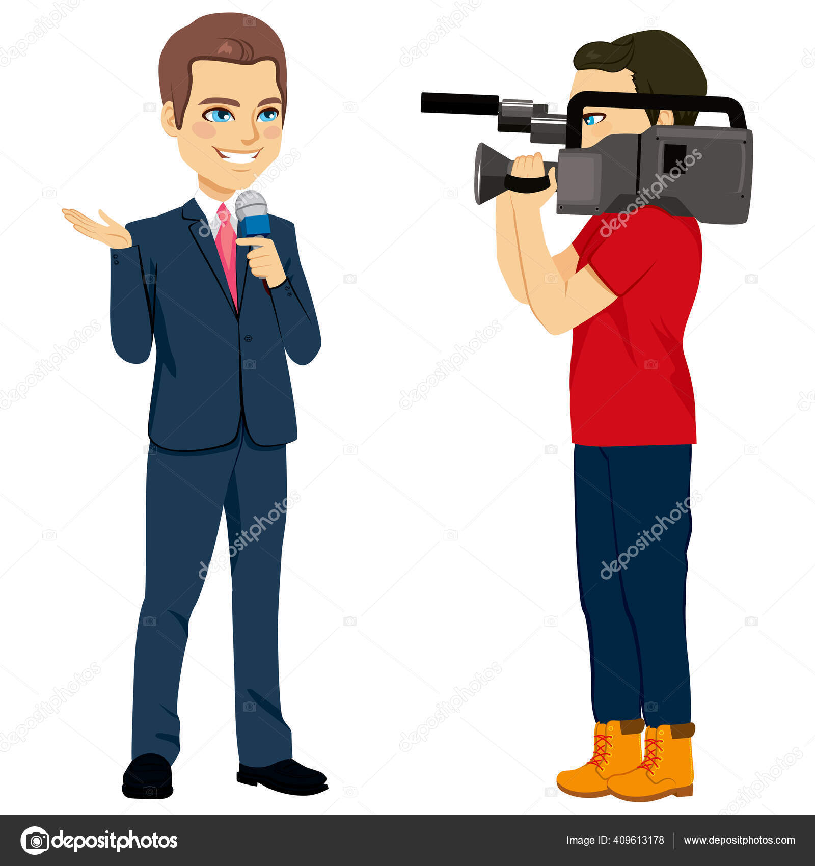 Reporter Cameraman Operator Characters Filming News While Reporter ...