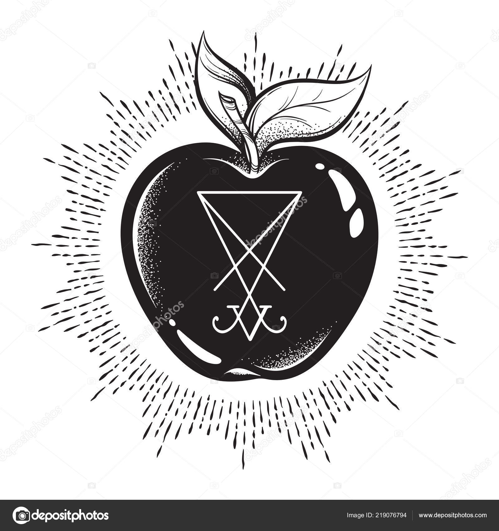 Forbidden Fruit Apple Tree Knowledge Sigil Lucifer Isolated Hand Drawn ...