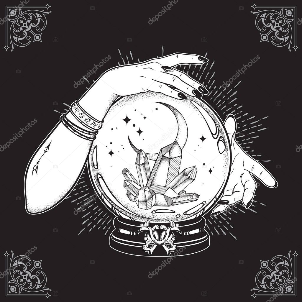 Bola de cristal mágica dibujada a mano con gemas y luna creciente en ...