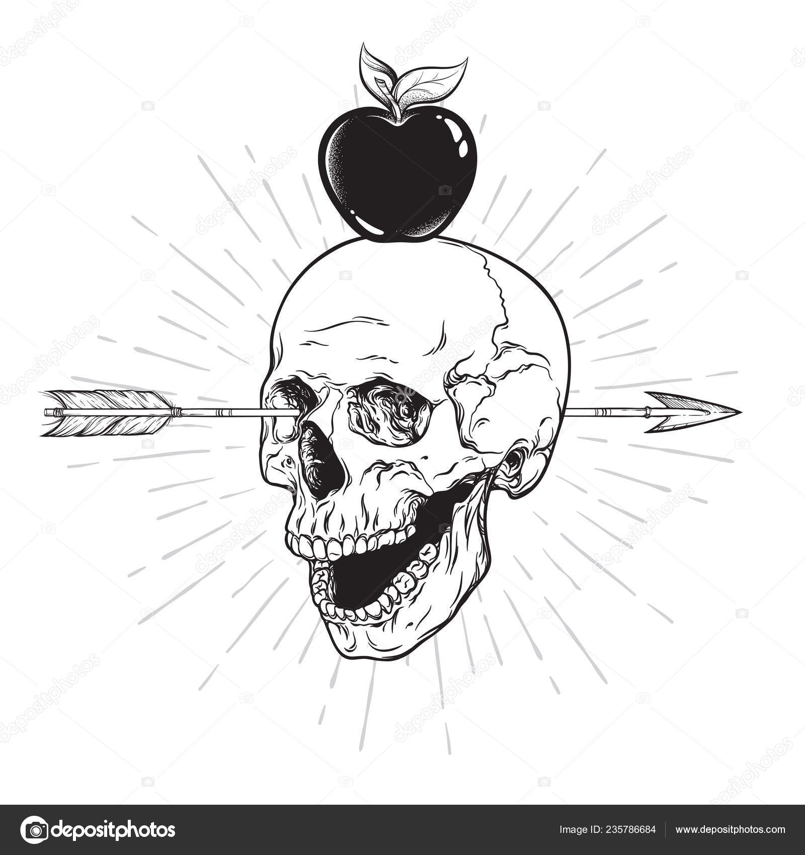 Human Skull Pierced Arrow Line Art Dot Work Boho Sticker Stock Vector ...
