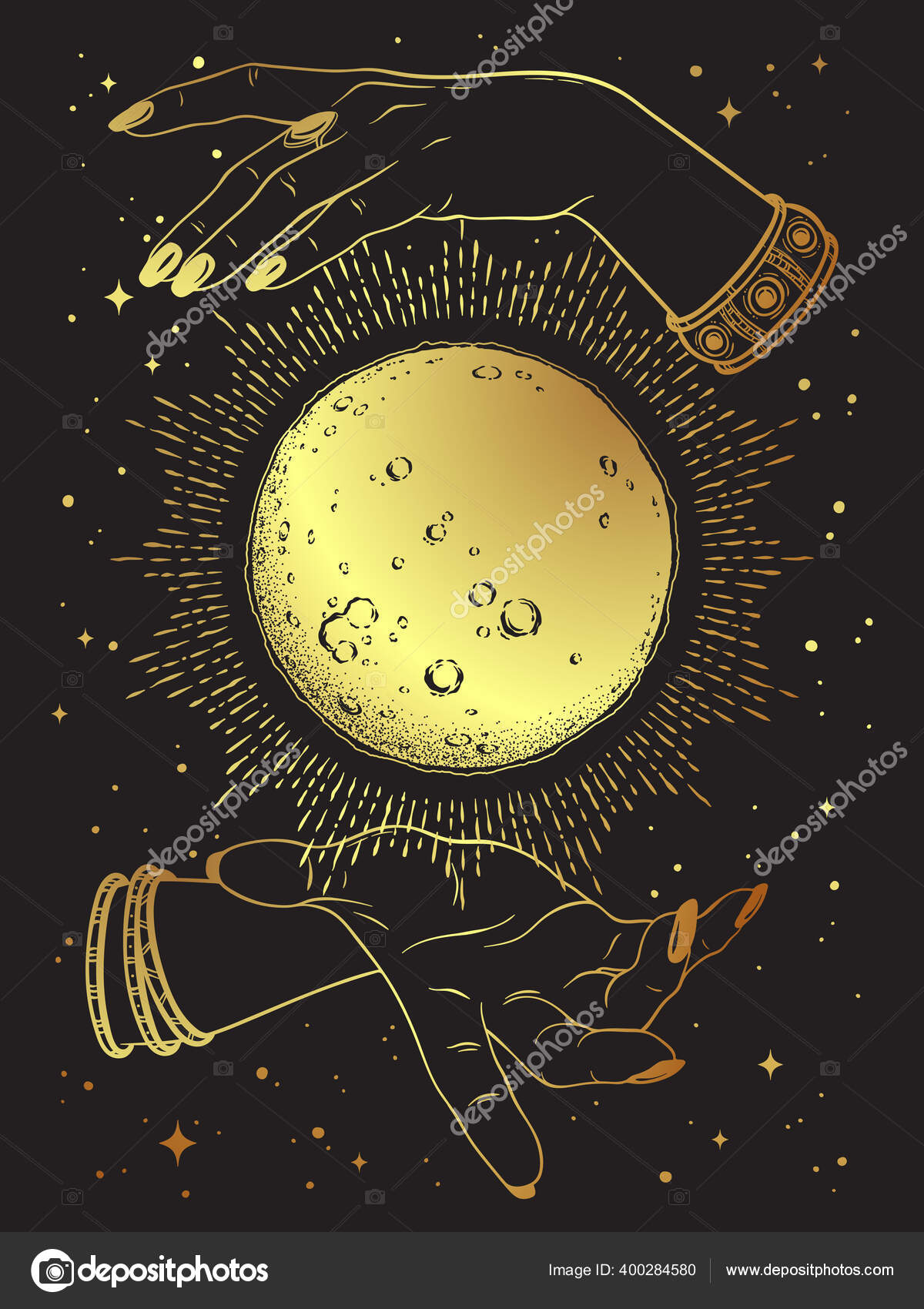 Hand Drawn Gold Full Moon Rays Light Hands Fortune Teller Stock Vector ...