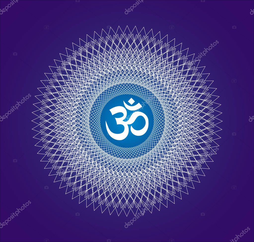 Mandala blanco calado con el signo Aum / Om / Ohm sobre un fondo azul ...