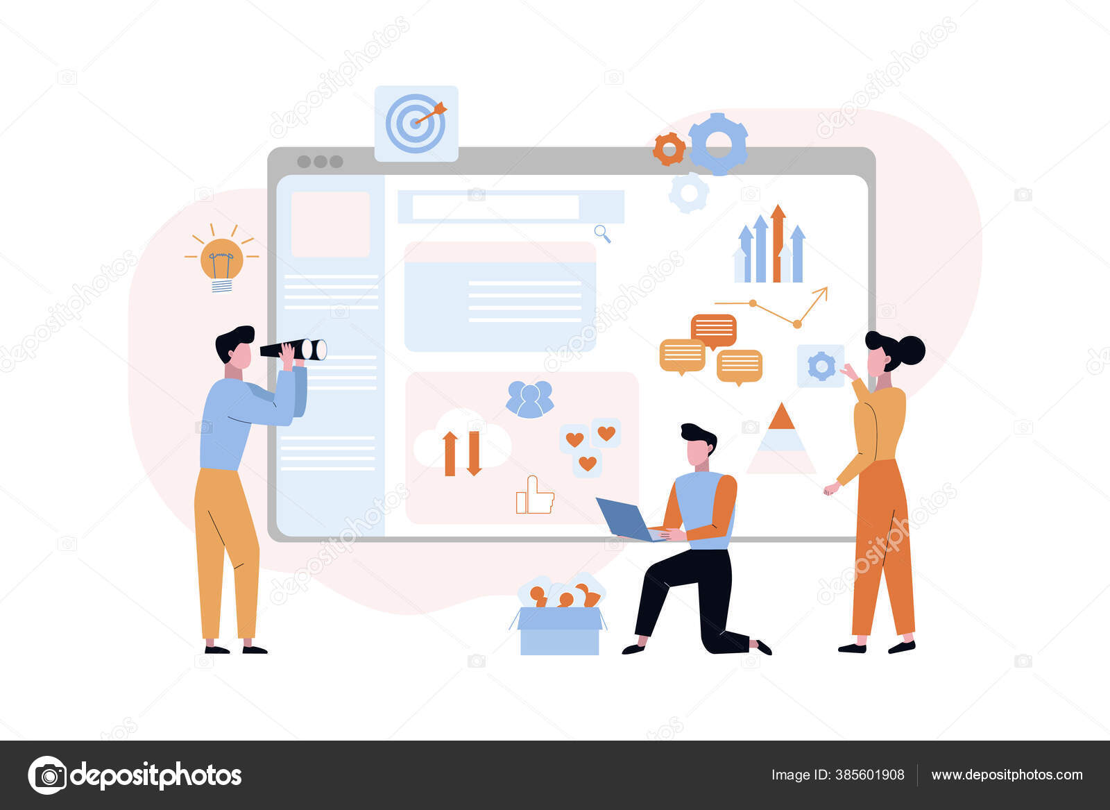 Promotion website debugging concept. Seo marketers programmers connect ...