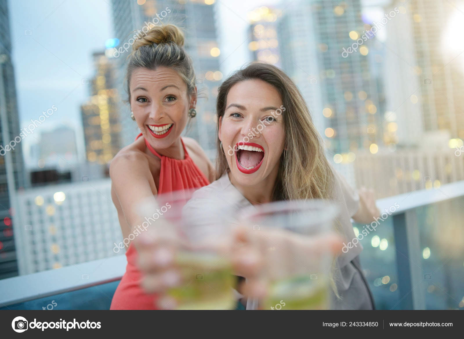 Two Gorgeous Friends Having Fun Rooftop Bar City Night Fall — Stock ...