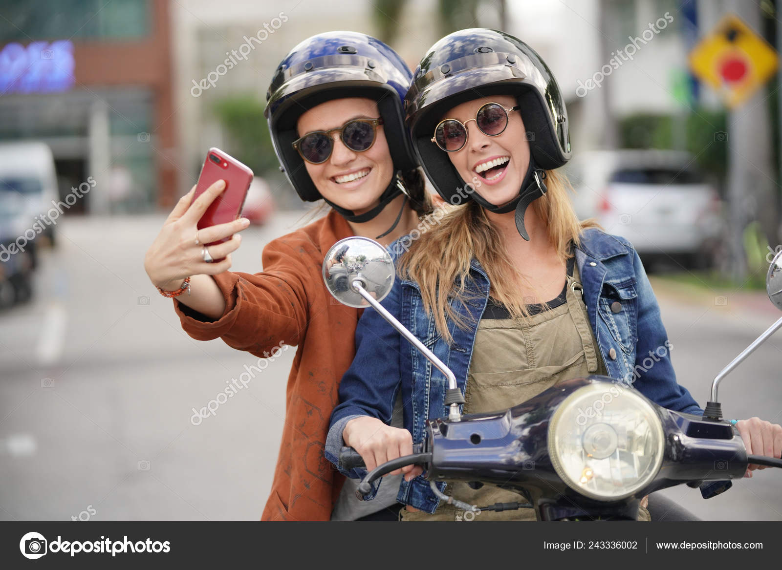Happy Young Women Taking Selfie Scooter City Stock Photo by ©Goodluz ...