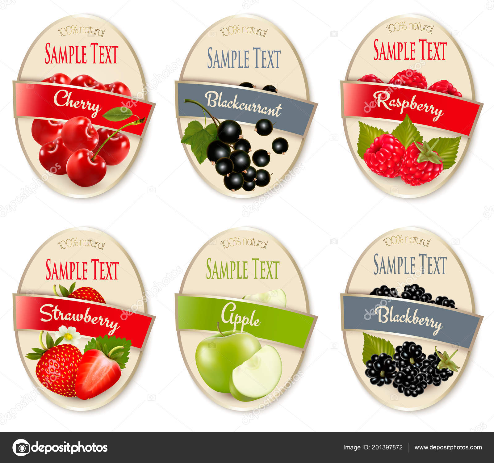 Set Labels Berries Fruit Cherry Blackberry Raspberry Strawberry Apple ...