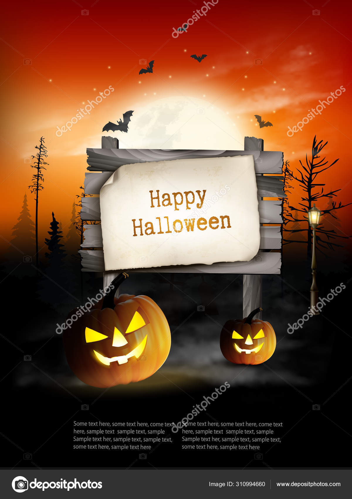 Scary Halloween background with pumpkins and wooden sign. Vector Stock ...