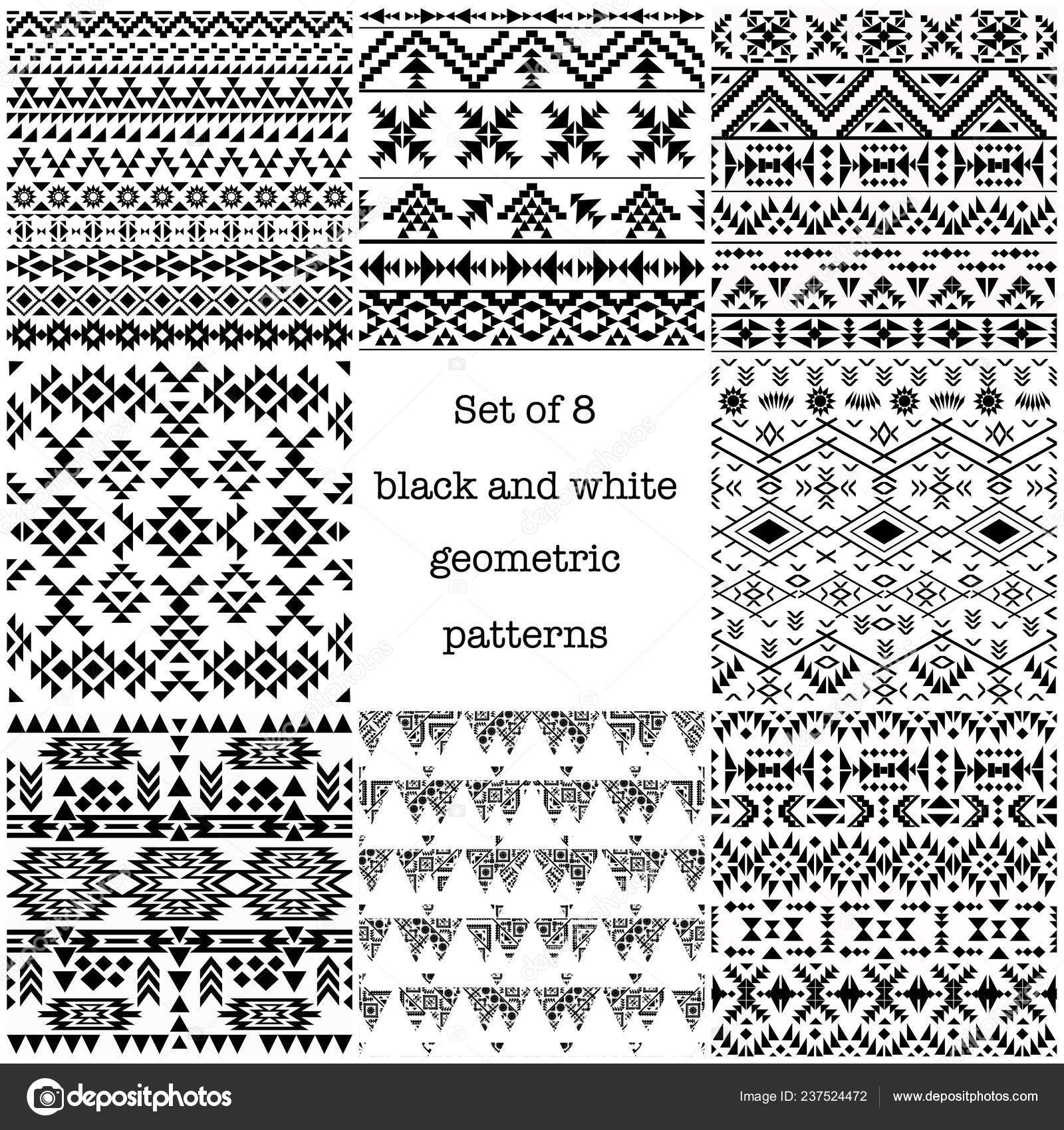 Set Geometric Seamless Ethnic Patterns Black White Backgrounds — Stock ...