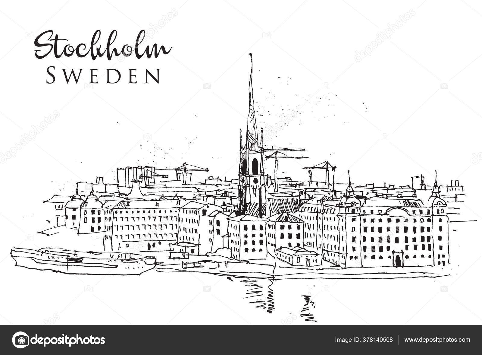 Drawing Sketch Illustration Stockholm Cityline Sweden — Stock Vector ...