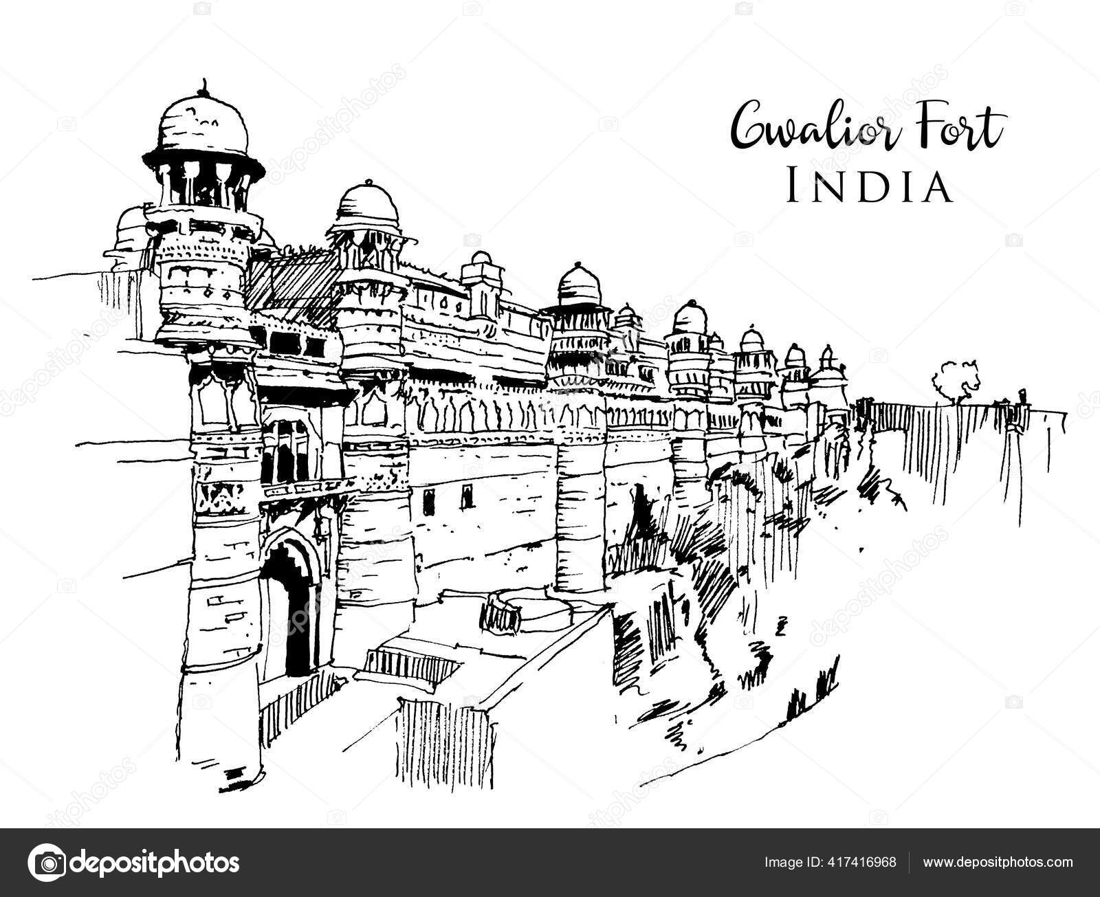 Vector Hand Drawn Sketch Illustration Gwalior Fort Madhya Pradesh India ...