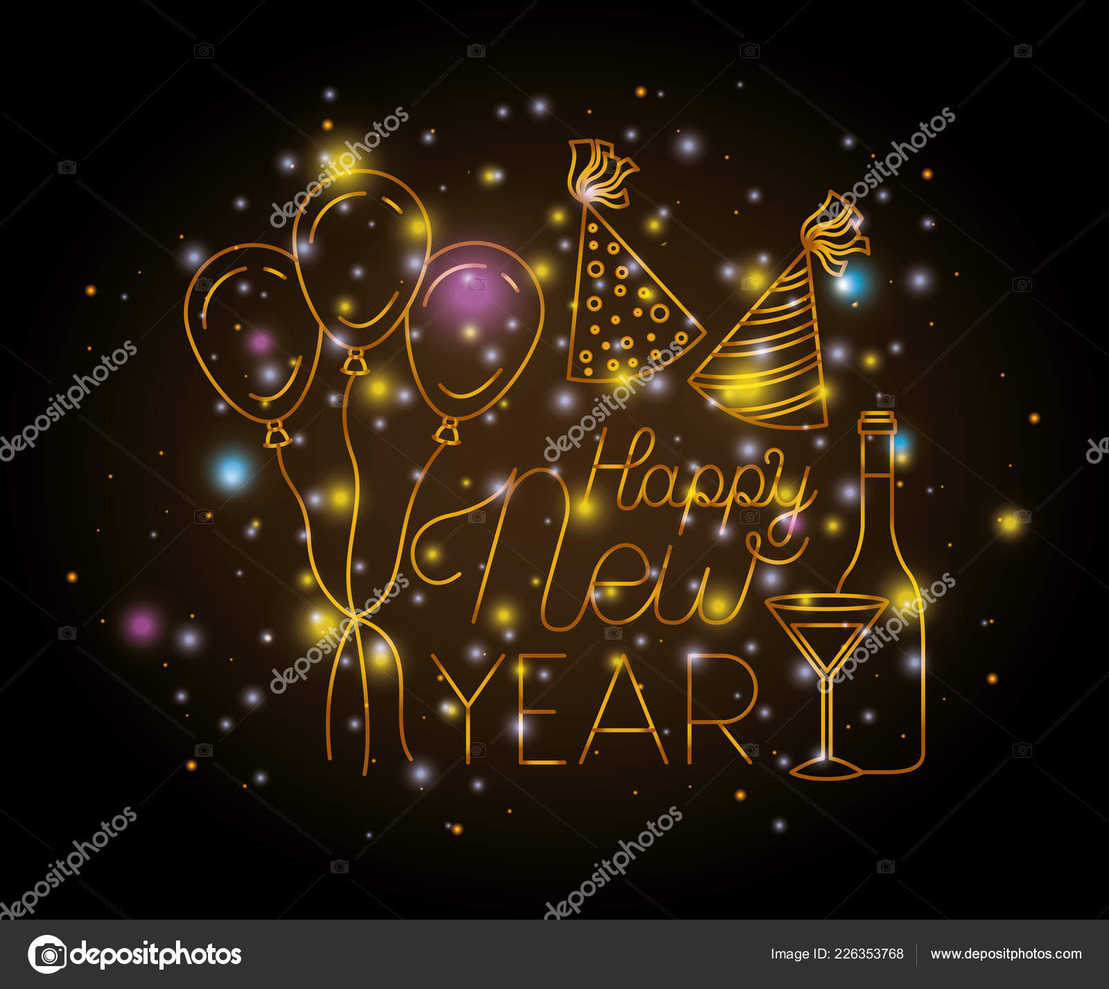 Happy new year lettering with lights and icons Stock Vector by ...